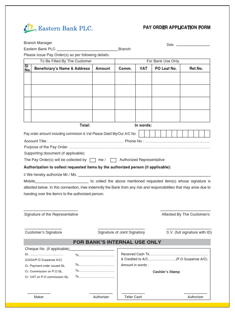 Pay Order Application Form | PDF | Banks | Cheque