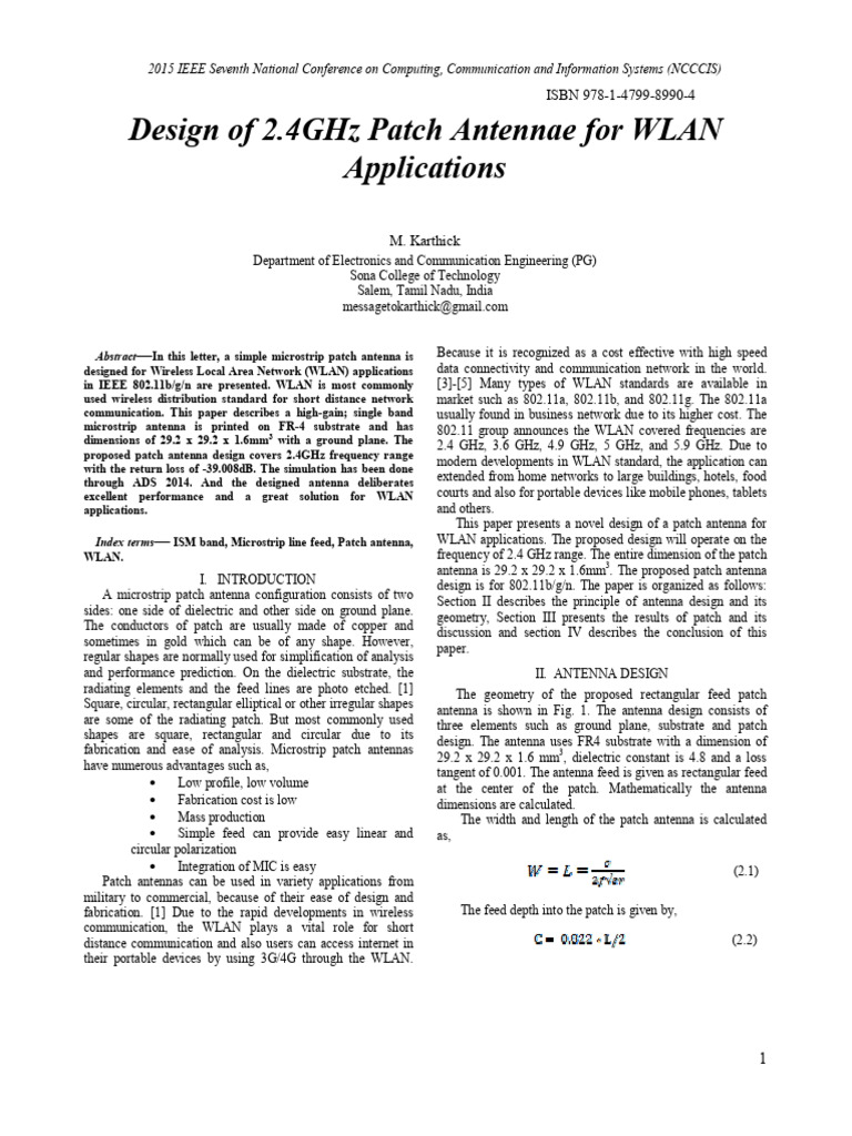 Design of 2.4GHz Patch Antennae For WLAN Applications | PDF | Ieee 802.11 | Antenna (Radio)