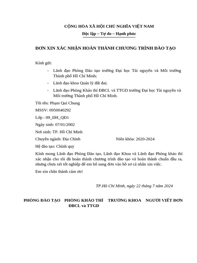 File Chuẩn - don Xin Xac Nhan Hoan Thanh Ctdt | PDF