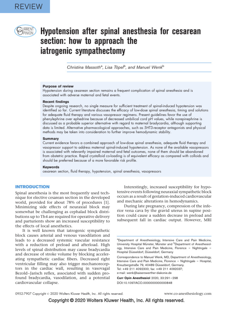 Hypotension After Spinal Anesthesia For Cesarean Section | PDF ...