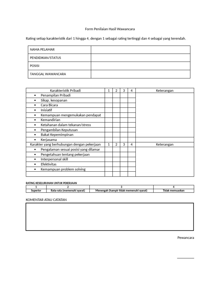 Form Penilaian Hasil Wawancara | PDF