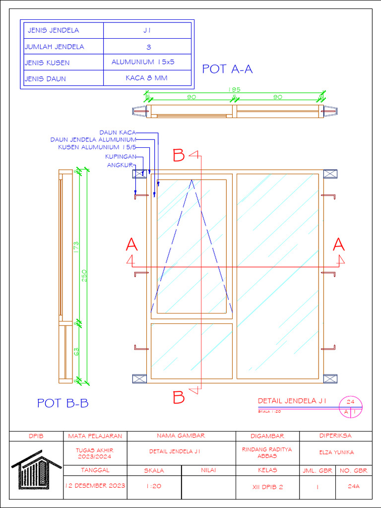 Pot A-A: Jenis Jendela Jumlah Jendela J1 3 Jenis Kusen Jenis Daun Alumunium 15X5 Kaca 8 MM | PDF