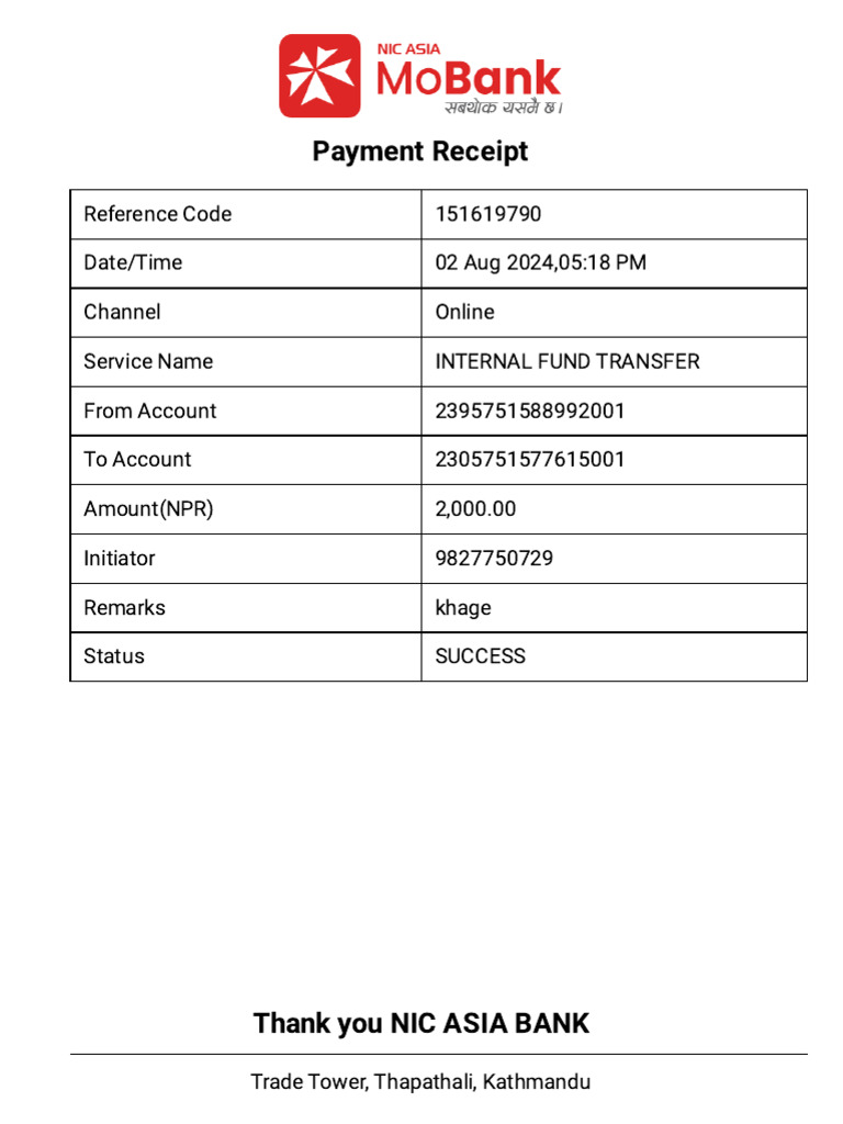 NIC ASIA Bank Payment Receipt | PDF