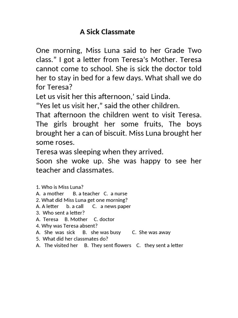 A Sick Classmate | PDF