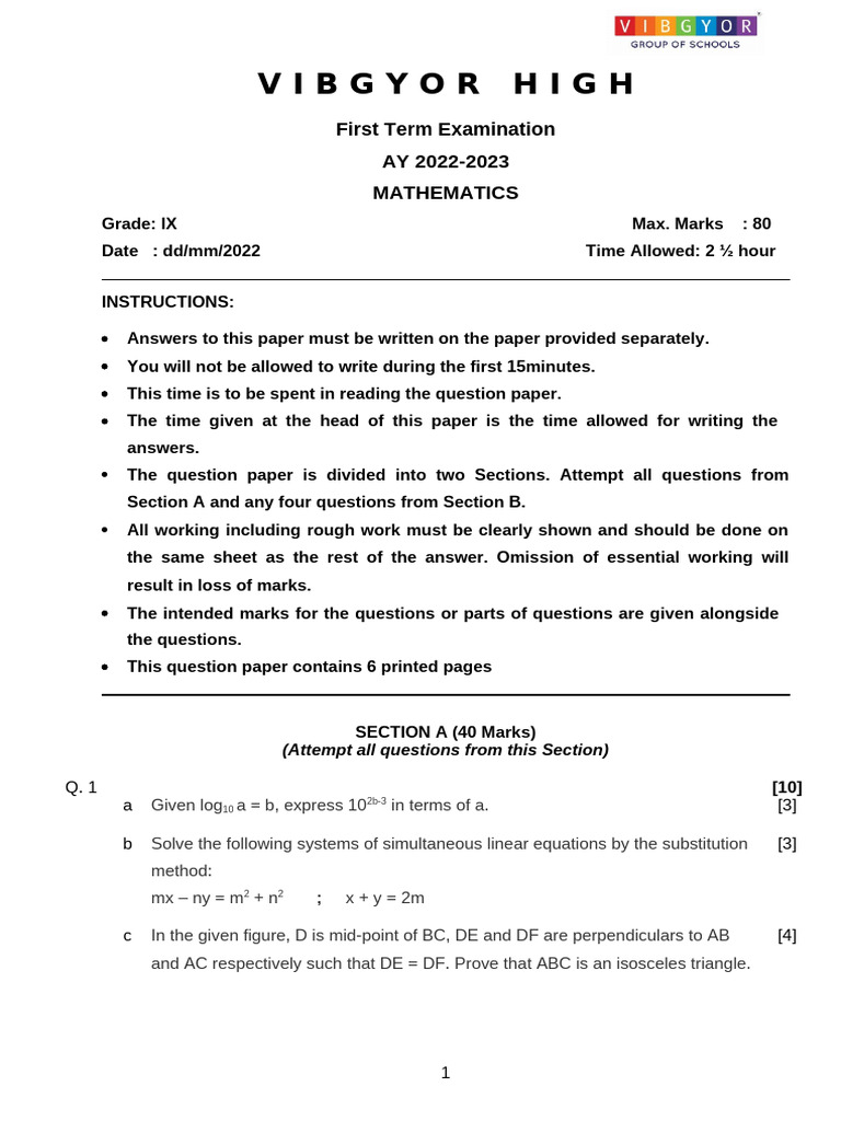Icse Grade9 Mathematics QP 2022-23 | PDF | Circle | Area