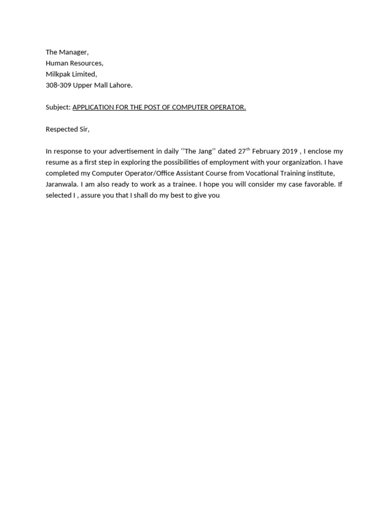 Computer Operator Job Application | PDF