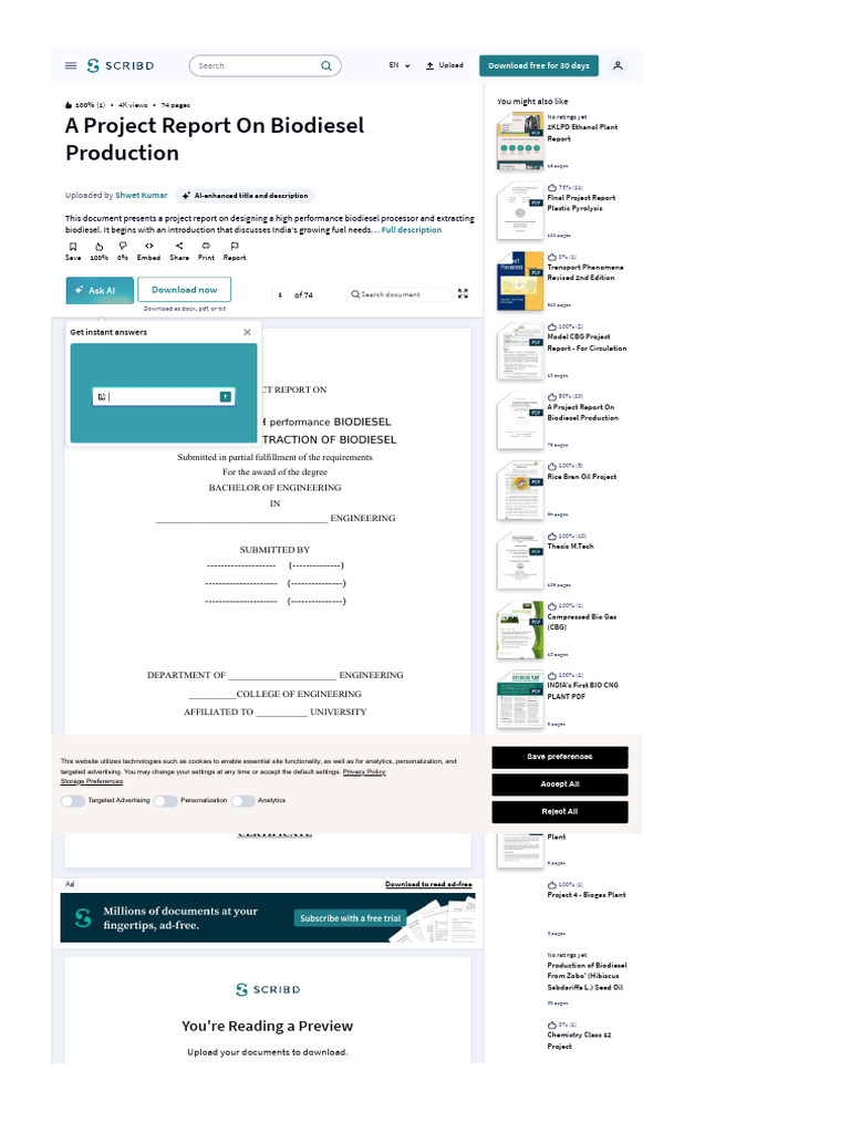 WWW Scribd Com Document 333831059 A Project Report On Biodiesel Production... | PDF | Biodiesel ...