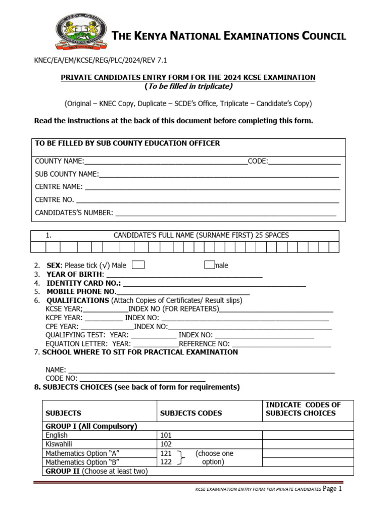 2024 KCSE Entry Form for Private Candidates(2) | PDF | Identity Document