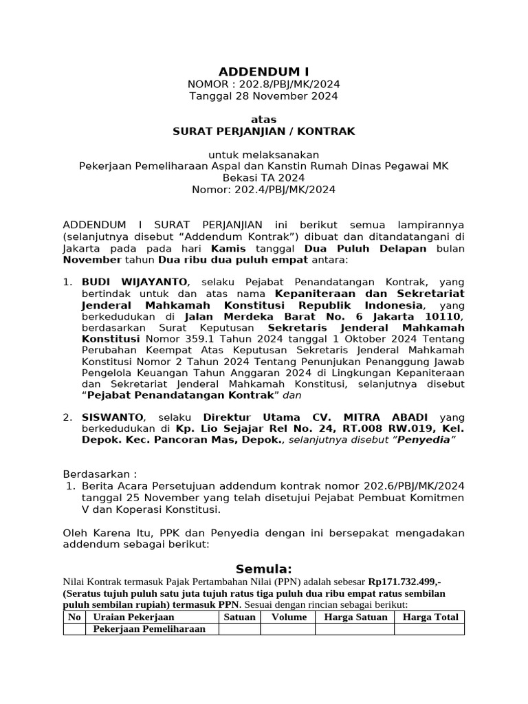 Addendum Kontrak Pemeliharaan Aspal MK | PDF
