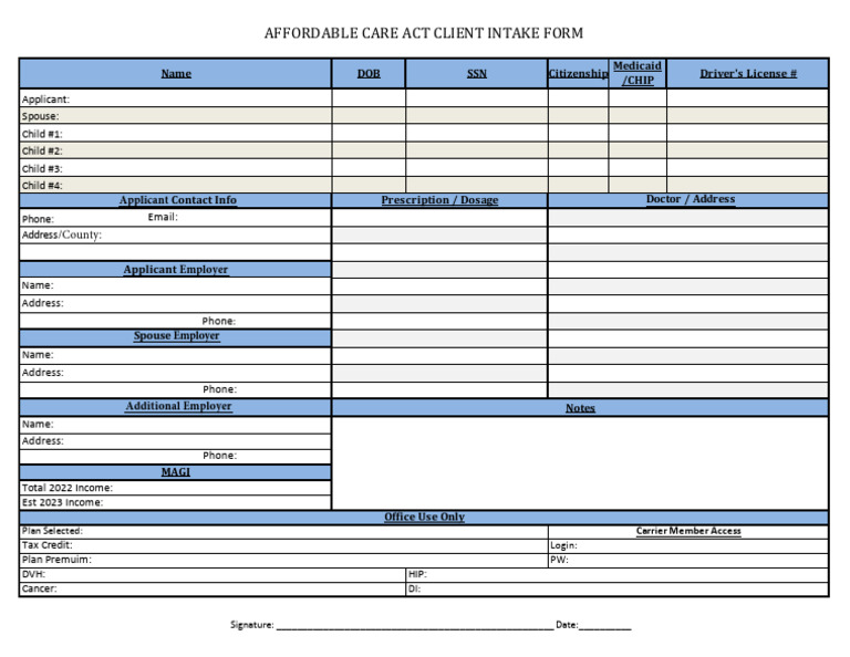 2023 ACA Client Intake Form PDF Fillable | PDF