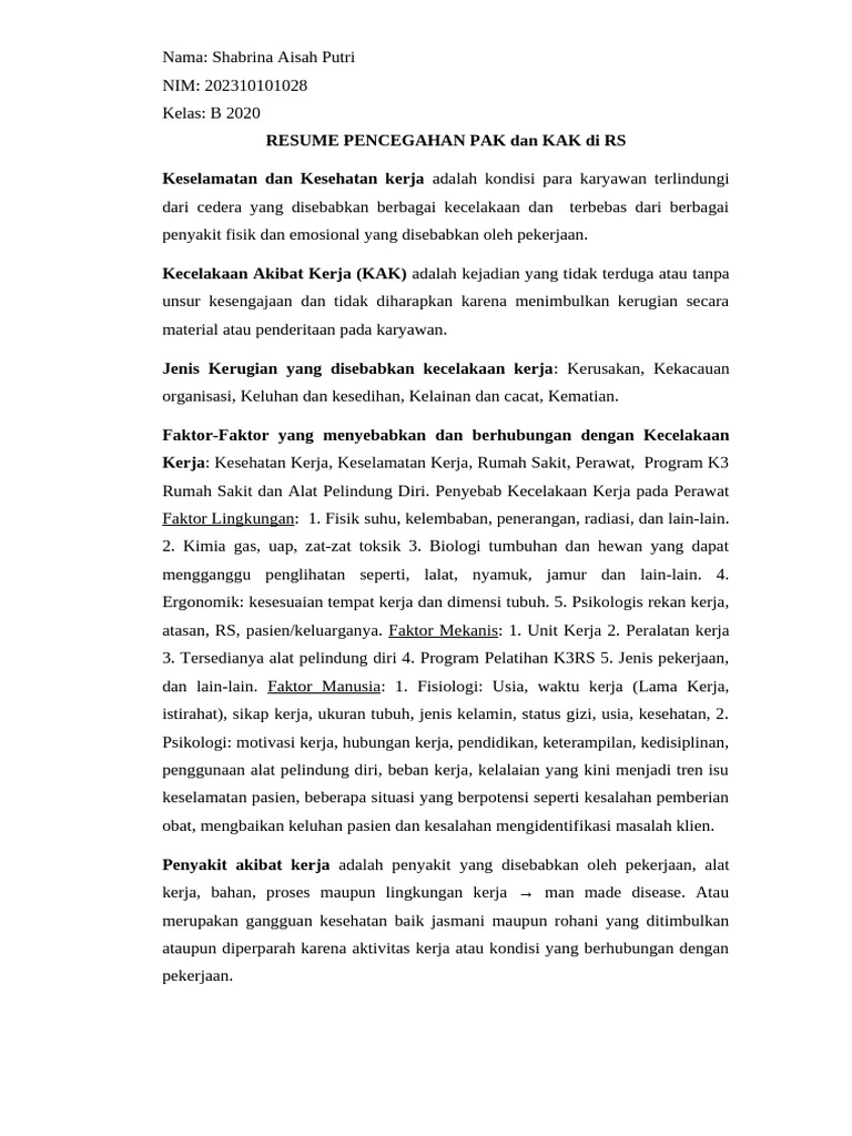 20-028 - Shabrina Aisah Putri - Resume Pencegahan KAK Dan PAK Di RS | PDF