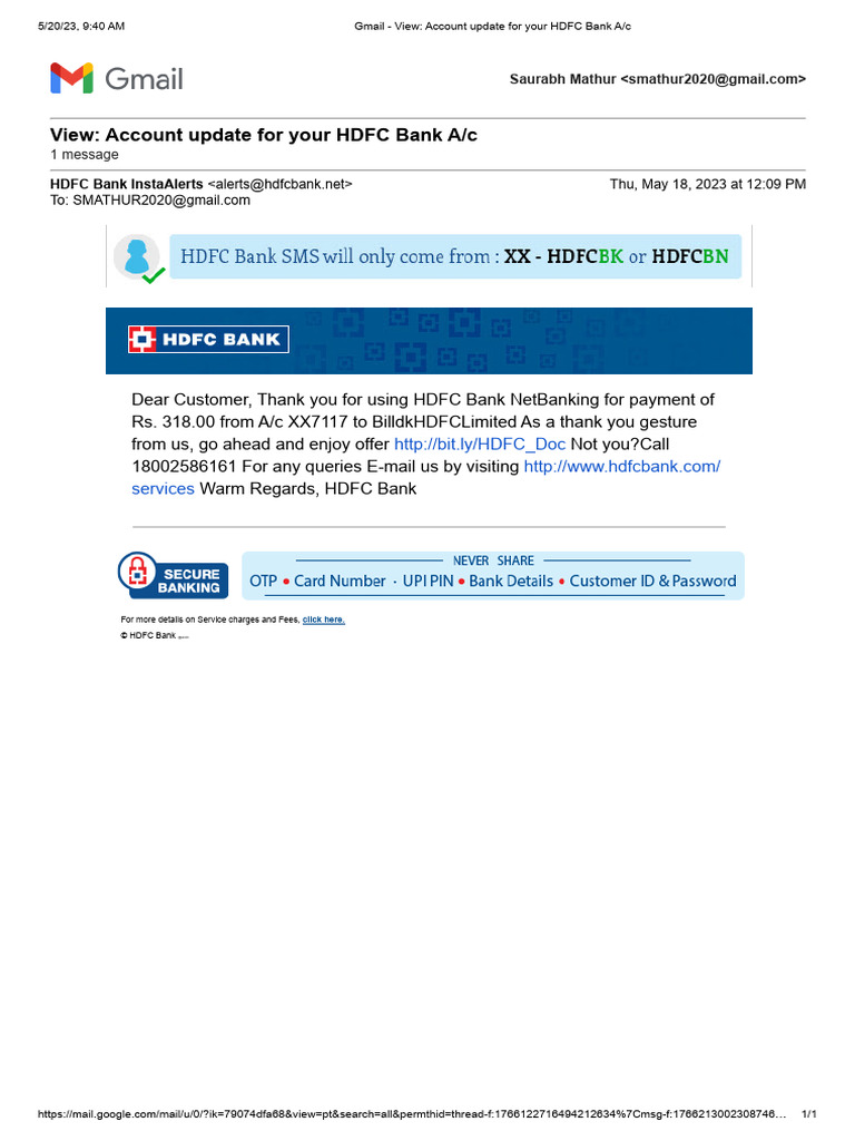HDFC Bank Payment Confirmation Notice | PDF