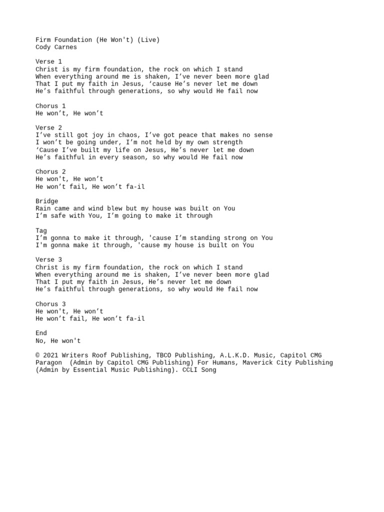 Firm Foundation (He Won't) (Live) (Cody Carnes) Chord Chart - BB - Text ...