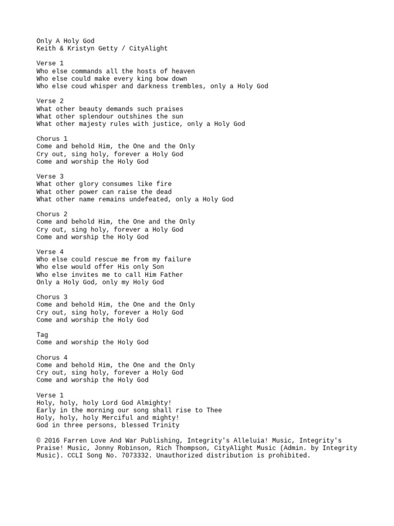 Only A Holy God Holy Holy Holy (Live) (Keith & Kris... ) Chord Chart ...