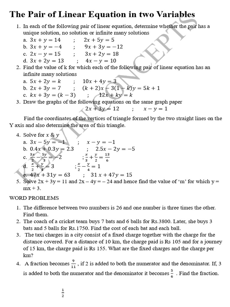 3. The Pair of Linear Equation in two Variables (1) | PDF | Equations ...