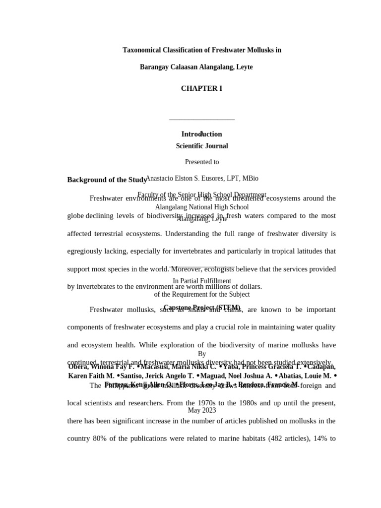 2 Taxonomical Classification of Fresh Water Mollusks in Brgy. Calaasan ...