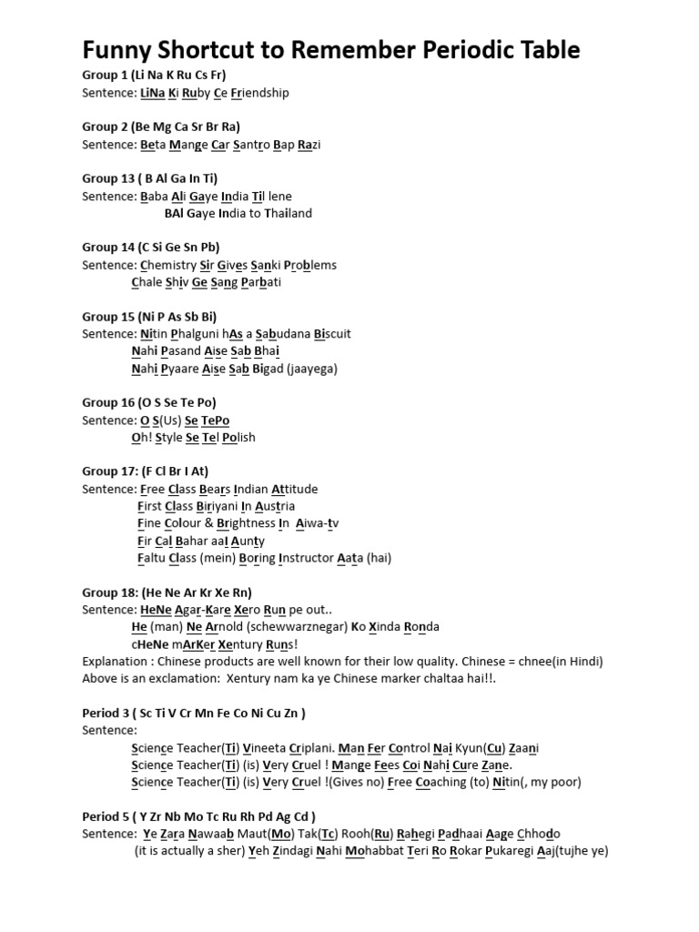 Memorable Mnemonics for Periodic Table | PDF | Chemical Substances ...