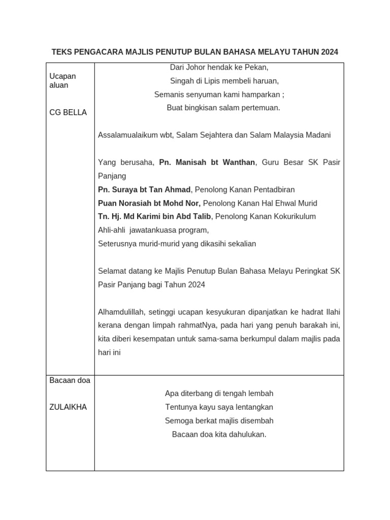Teks MC Majlis Bulan Bahasa Melayu 2024 | PDF