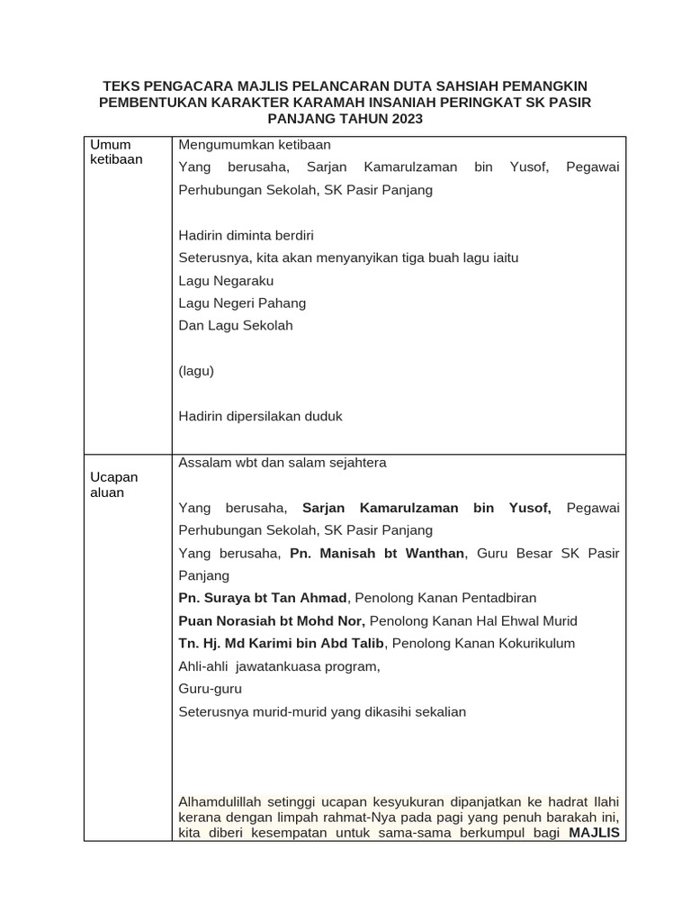 Teks MC Majlis Pelancaran Duta Sahsiah 2023 | PDF