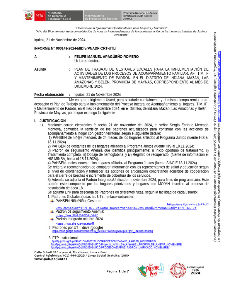 INFORME N° 000142-2024-MIDIS-PNADP-CRT-UTLI_PLAN DE CAMPO DE GESTORES LOCALES DICIEMBRE2024 ...
