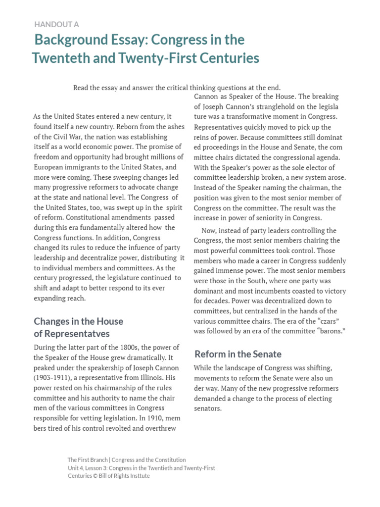 Background Essay- Congress in the 20th and 21st Century | PDF | United ...