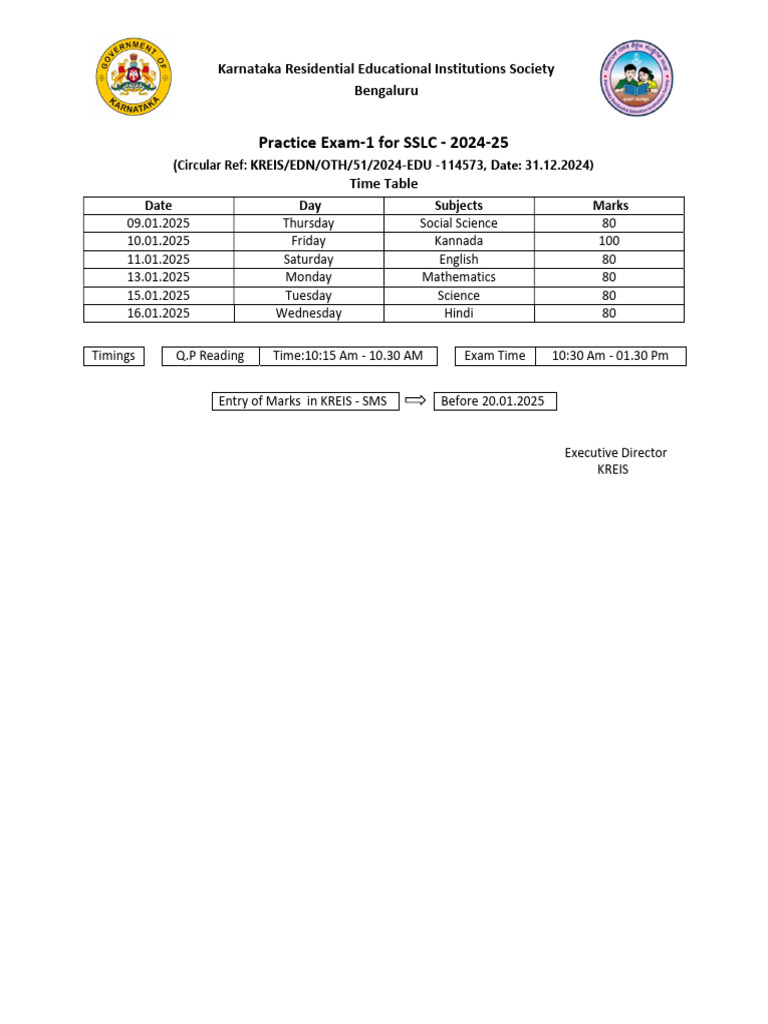 Practice Exam-1 SSLC - Time Table | PDF