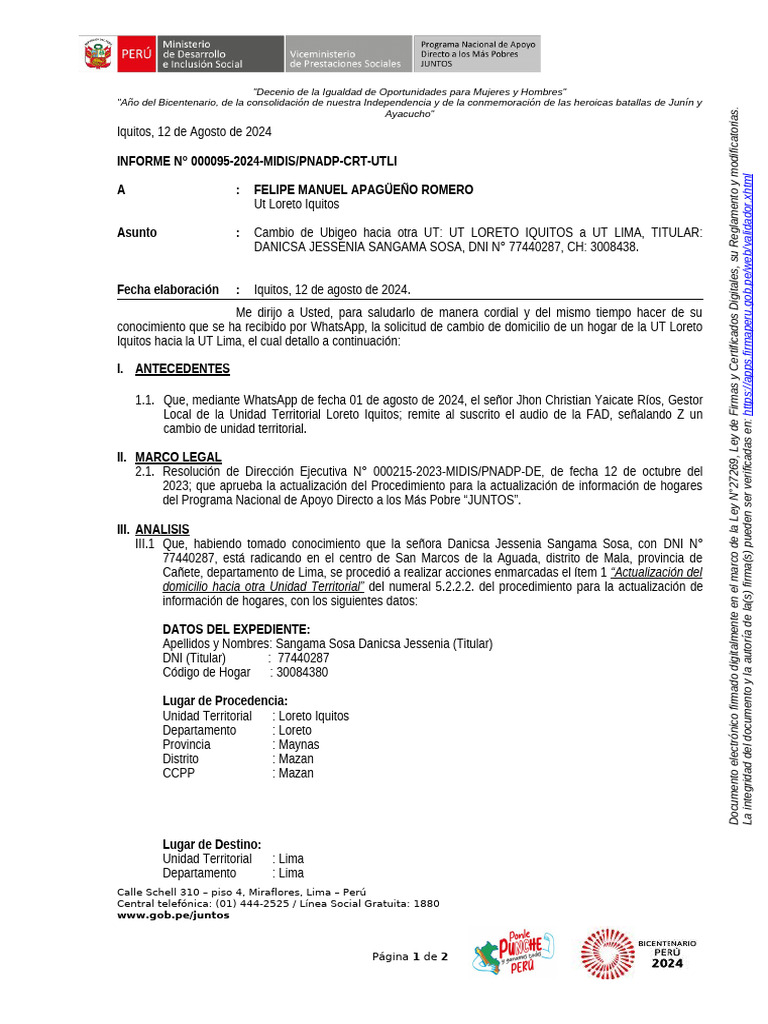 Informe #0000103-2024-Midis-Pnadp-Crt-Utli - Cambio de Ubigeo Sangama Sosa Danicsa Jessenia | PDF