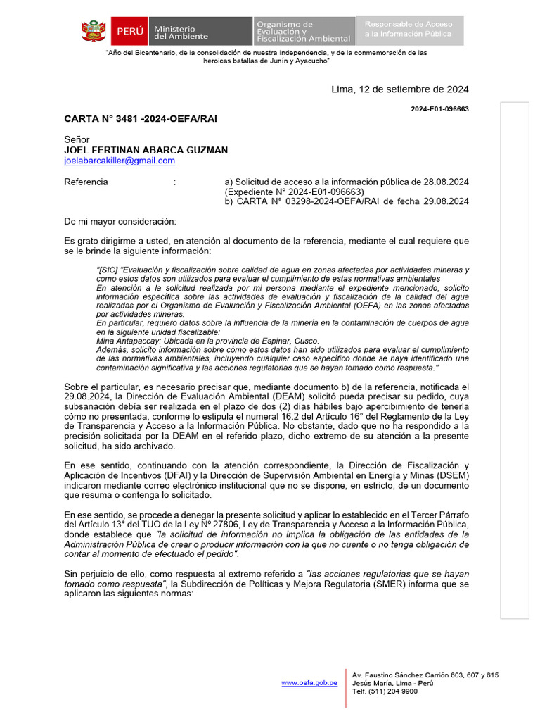 Carta N 3481 2024 Oefa Rai | PDF