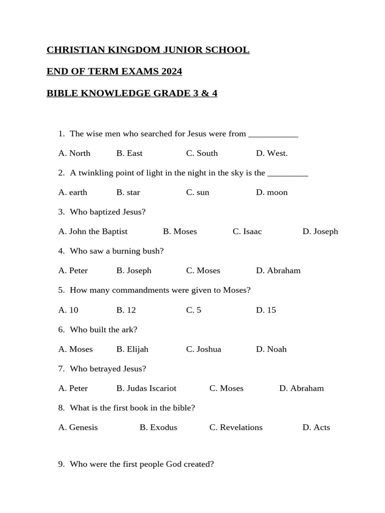 Bible Knowledge Exam Grade 3-4 | PDF | Jesus | Moses