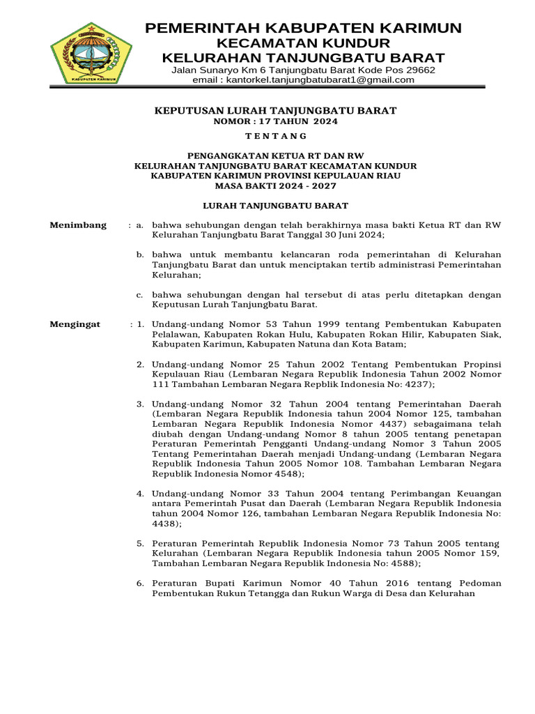 (SK Pengangkatan RT RW Kelurahan TG - Batu Barat 2024-2027 | PDF