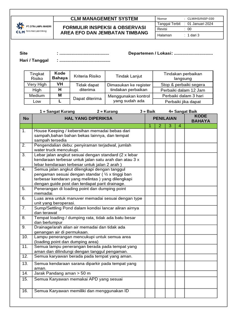 CLM-HS-INSP-030 Inspeksi Area Tambang | PDF