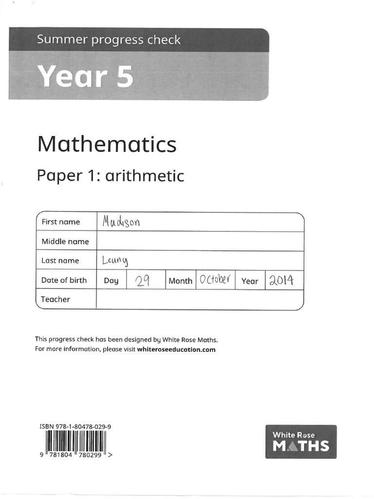 Maddie Y5 Math Paper 1 Arithmetic | PDF