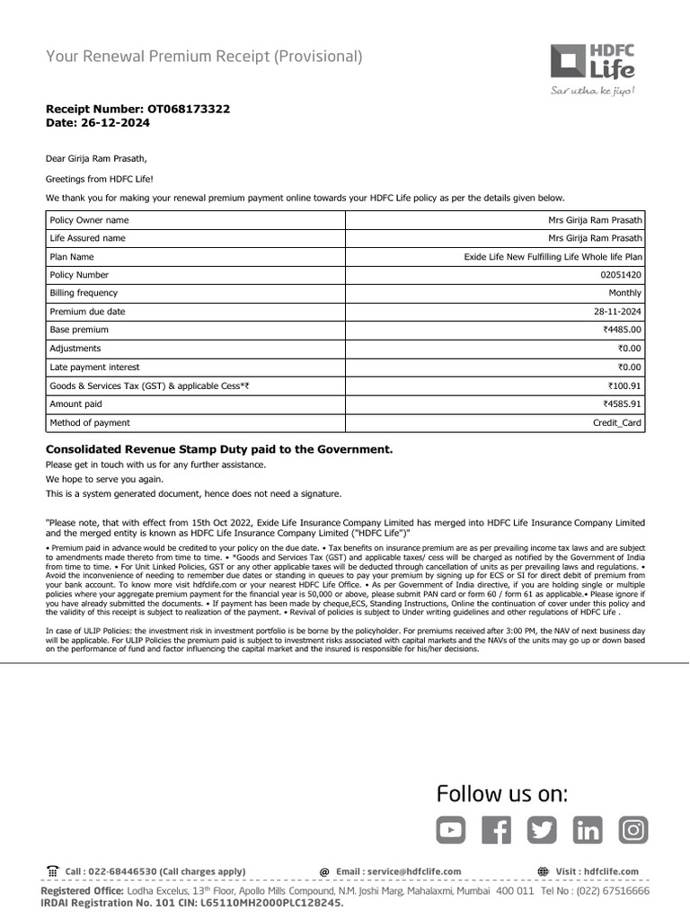 Receipt_OT068173322 | PDF | Insurance | Life Insurance