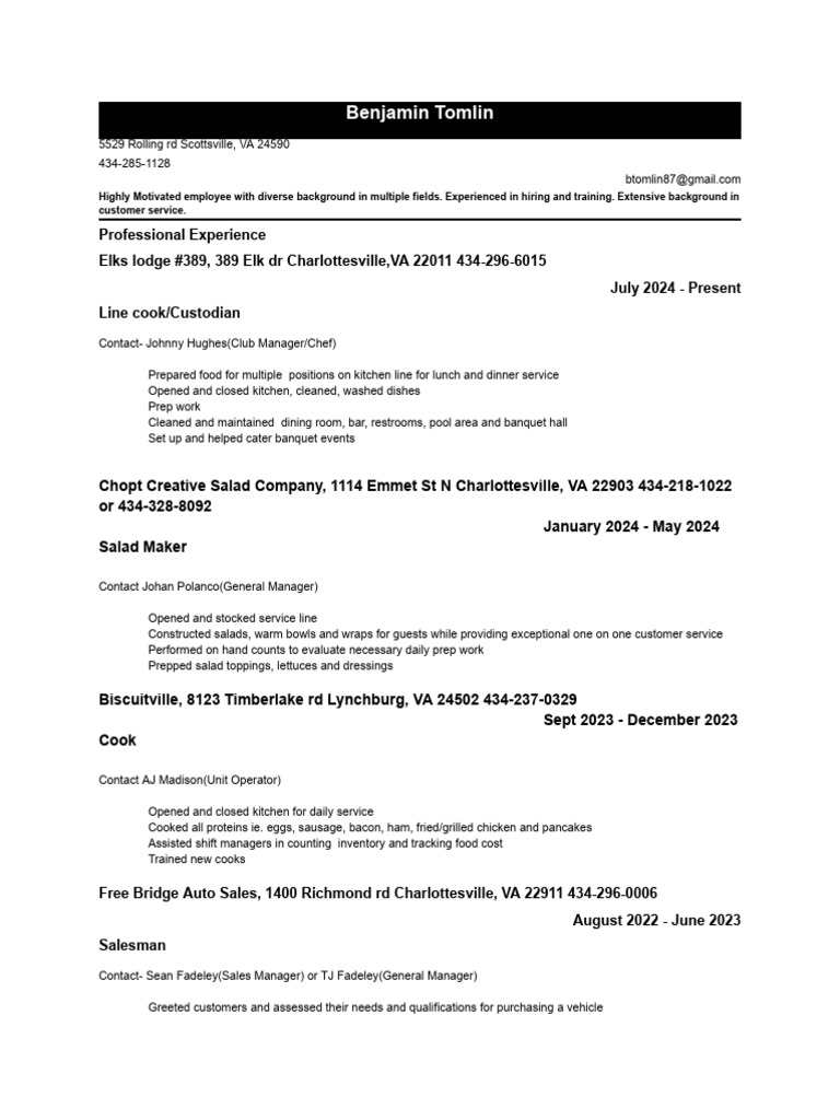Benjamin Tomlin: Professional Overview | PDF | Chef | Salad
