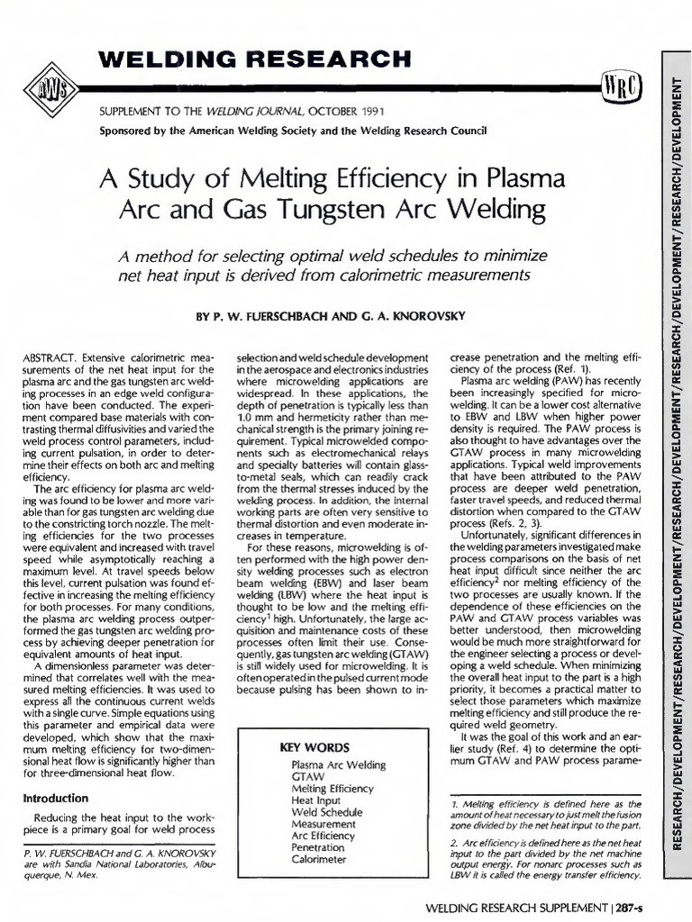 A Study of Melting Efficiency in Plasma Arc and Gas Tungsten Arc ...