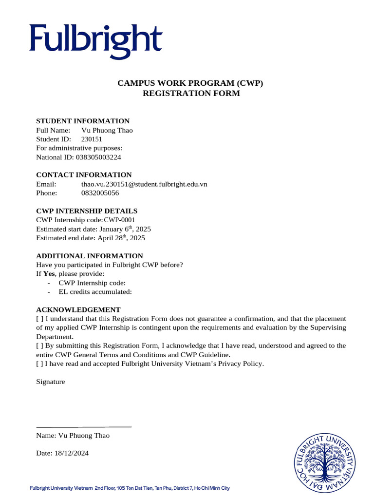 CWP - Registration Form - AY2425 - Wellness Assistant | PDF