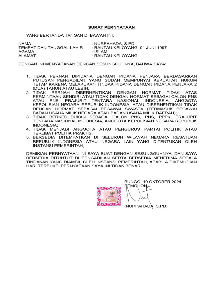 p3k24 Surat Pernyataaan | PDF