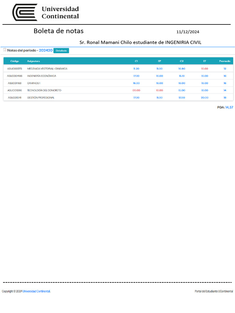 Boleta de Notas de Ingeniería Civil | PDF