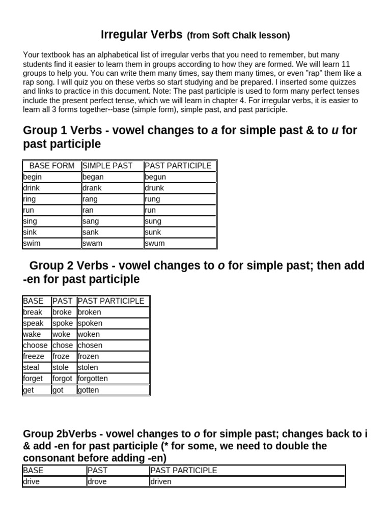 Irregular Verbs List (Of Verbs in Soft Chalk Lesson) | PDF | Language ...