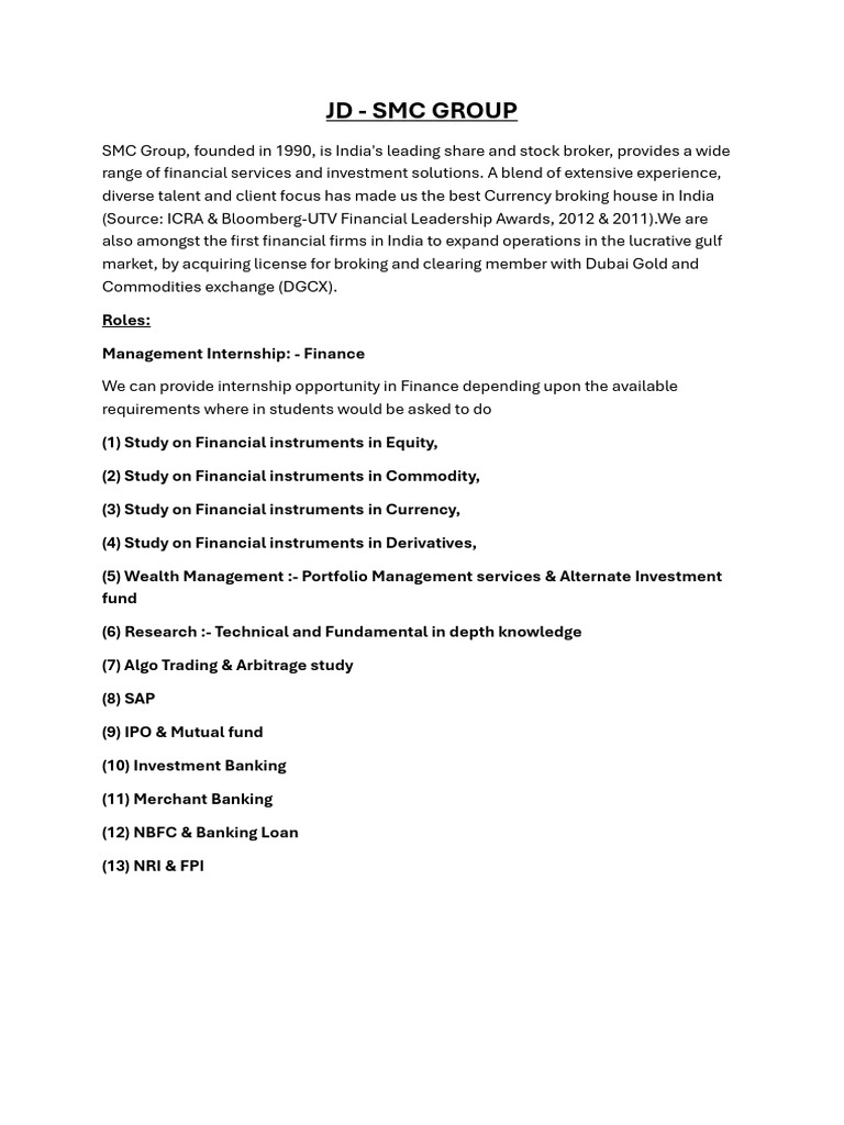 JD - Finance - SMC Global - IMI New Delhi | PDF