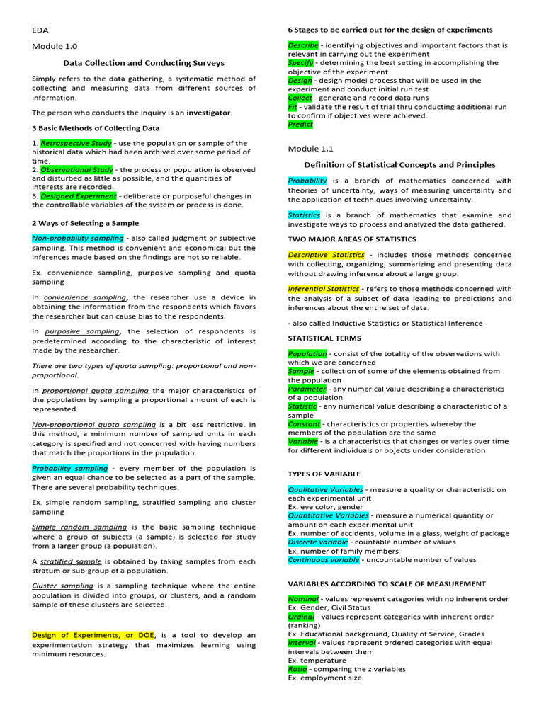 EDA QUIZ 1 REVIEWER | PDF | Statistics | Sampling (Statistics)