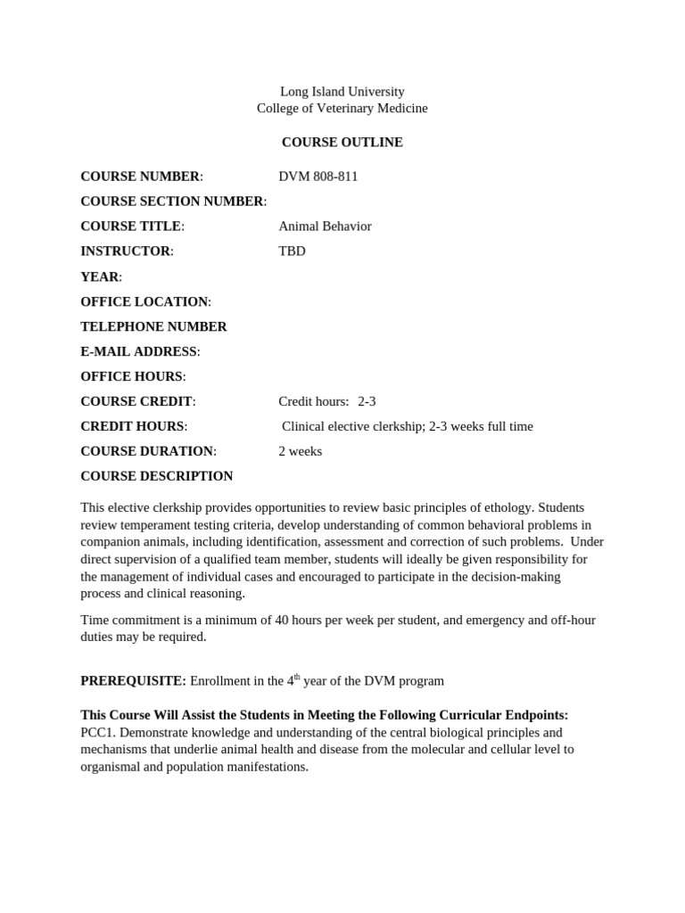 DVM 808-811 Animal Behavior Elective-Revised March 2018 | PDF | Medicine | Veterinary Medicine