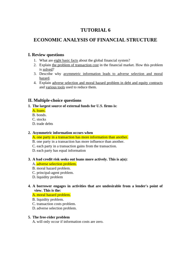 Tutorial 6 Questions | PDF | Adverse Selection | Loans