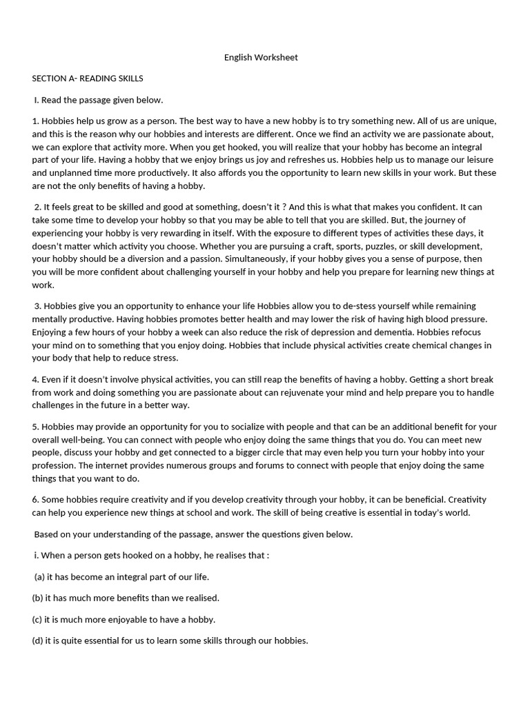 English Worksheet class 10 | PDF | Hobbies