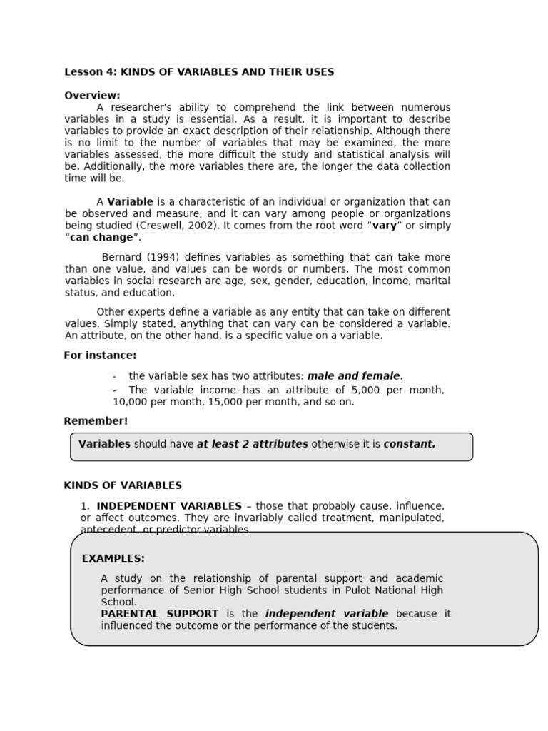 Kinds of Variable and Their Uses | PDF | Dependent And Independent ...