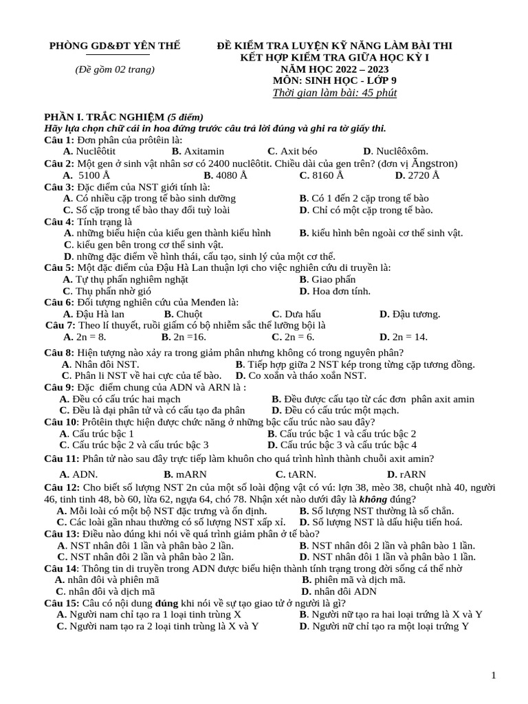 4.đe Sinh Hoc 9 Giua Hki (22-23) | PDF