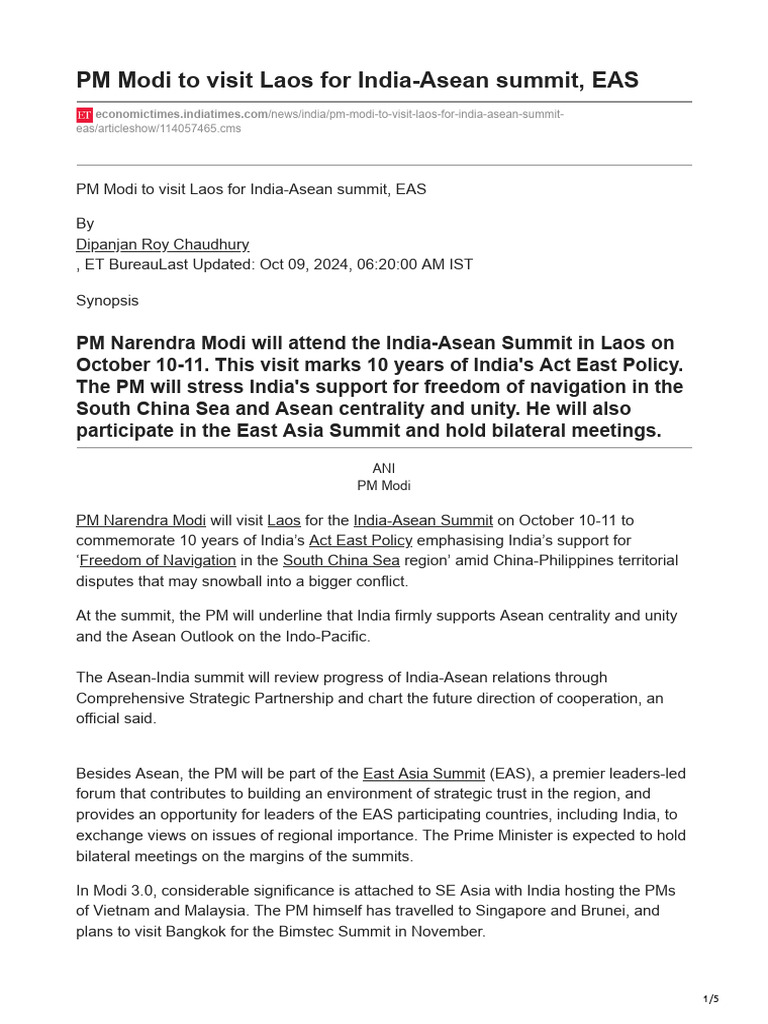 economictimes.indiatimes.com-PM Modi to visit Laos for India-Asean summit EAS | PDF | Global ...