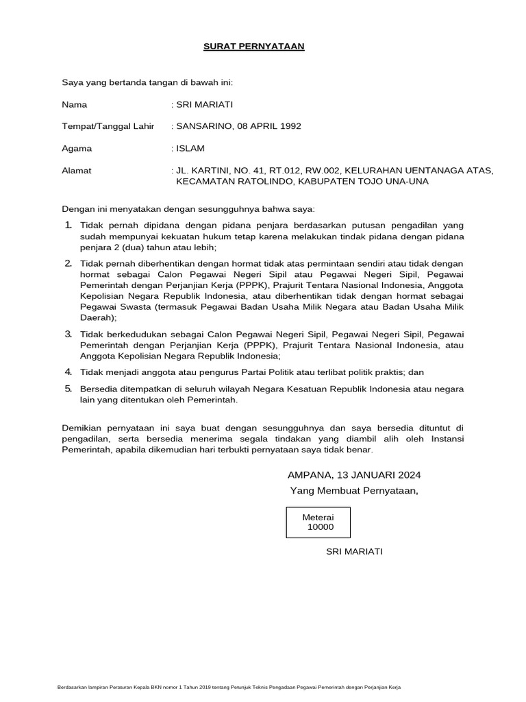 Surat Pernyataan Sri Mariati 2024 | PDF