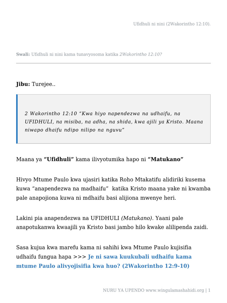 Ufidhuli Ni Nini (2Wakorintho 12_10). | PDF