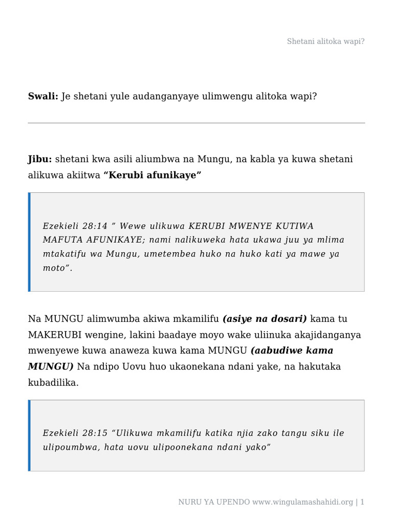 Shetani Alitoka Wapi | PDF